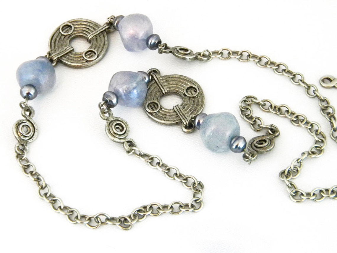Boho Chain Necklace, Antiqued Silvertone, Big Iridescent Light Blue ...