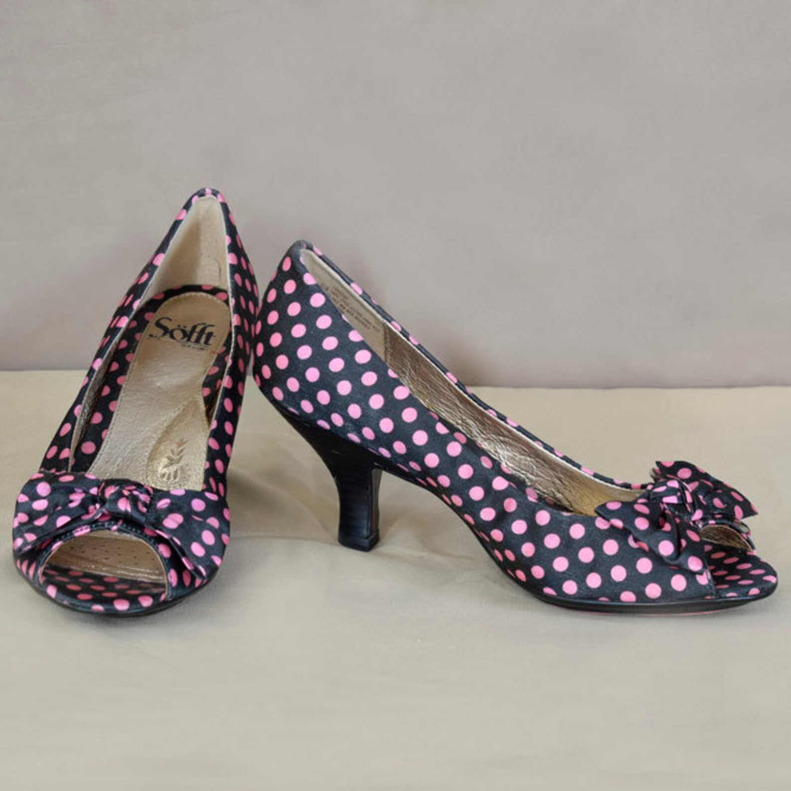 Sofft Black With Pink Polkadot Pumps, Open Toe With Bow, Size 9.5 M - Etsy