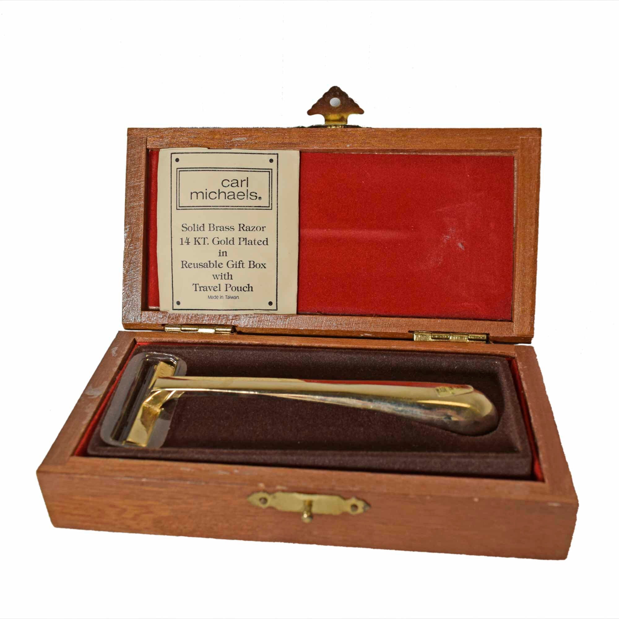 14KT. Gold Plated Solid Brass Razor in Reusable Gift Box With Travel ...