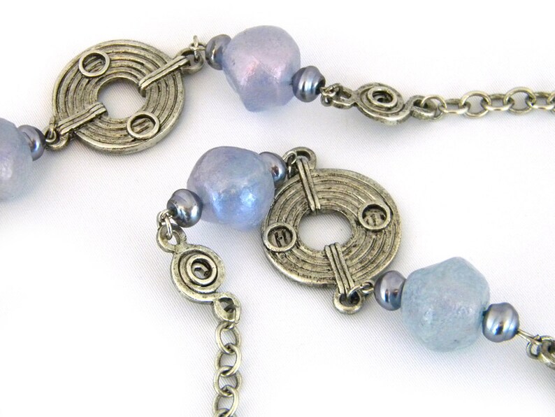 Boho Chain Necklace, Antiqued Silvertone, Big Iridescent Light Blue ...