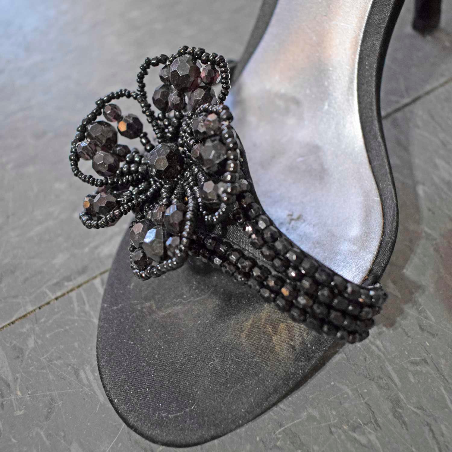 Black Beaded Fabric Shoes, Black Faceted Crystals, Wired Flowers ...