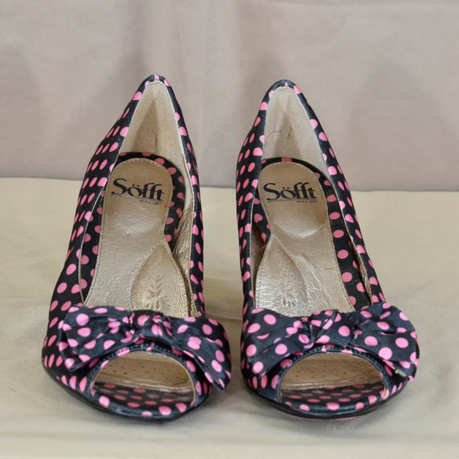 Sofft Black With Pink Polkadot Pumps, Open Toe With Bow, Size 9.5 M - Etsy