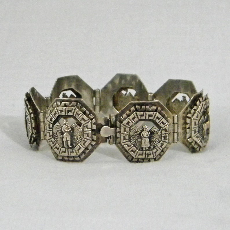 Sterling Silver Peruvian Bracelet, Incan Design, Llamas, South American ...