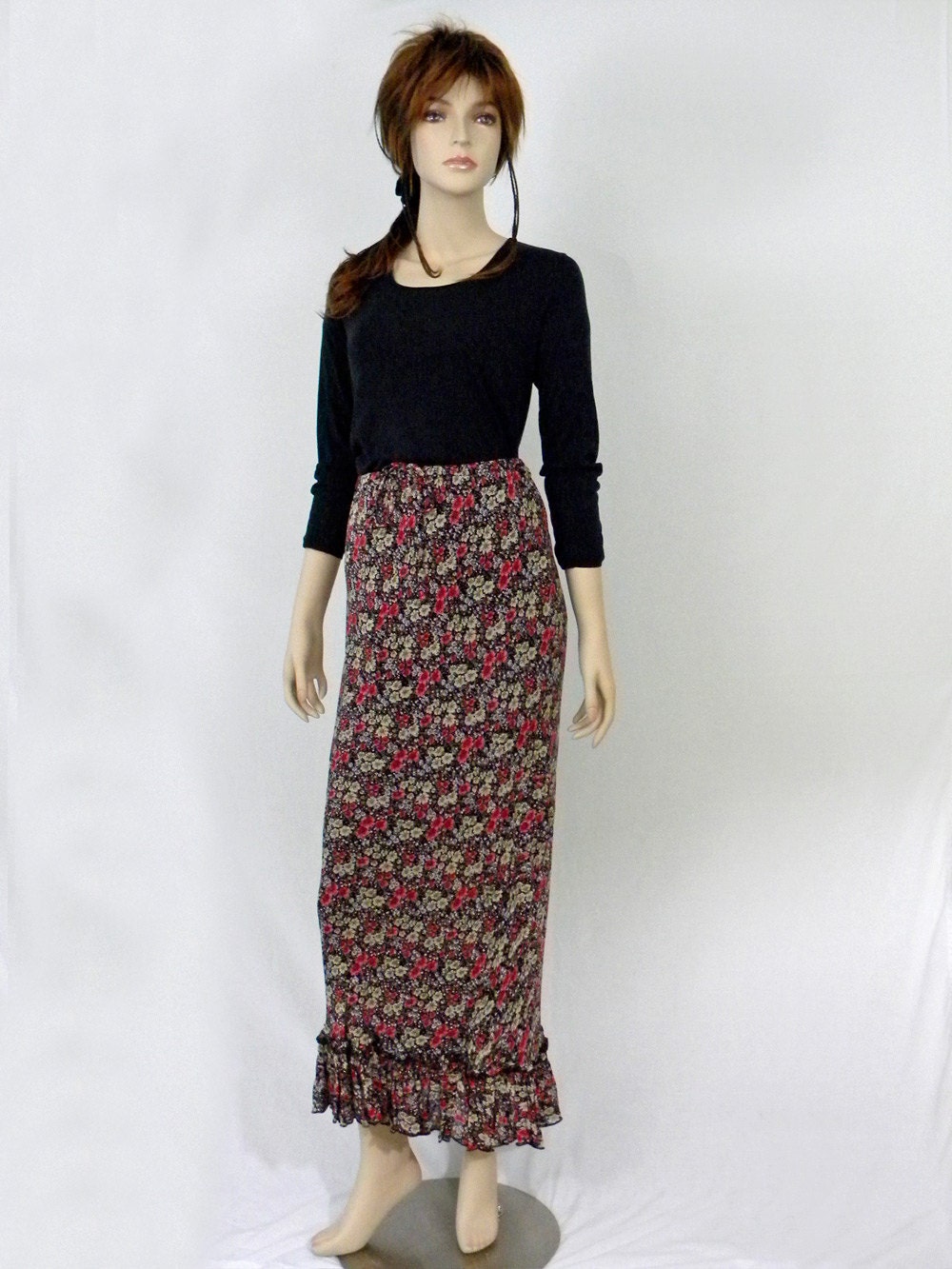 Long Floral Chiffon Straight Skirt With Ruffle, Pink and White on Black ...