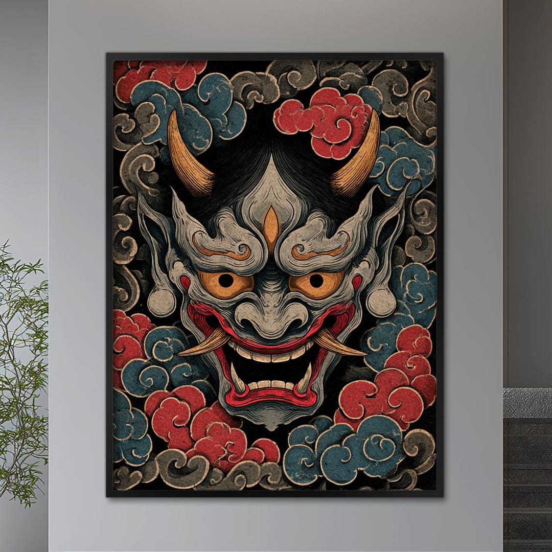 Japanese Oni Mask Canvas, Colorful Demon Tattoo Style (multiple Sizes ...