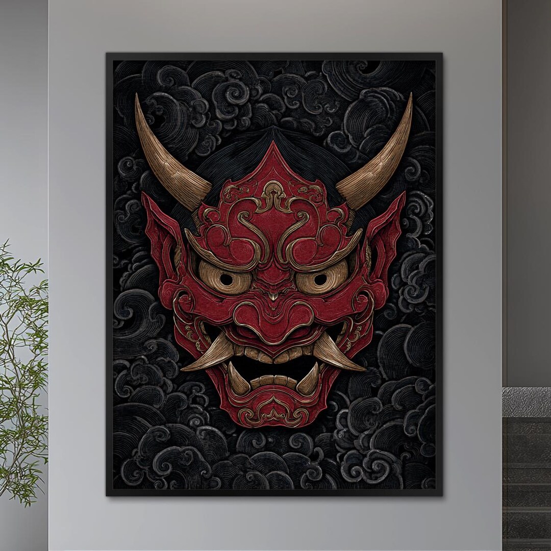 Oni Samurai Mask Canvas, Red Demon, Tattoo Style (japanese Mythology ...