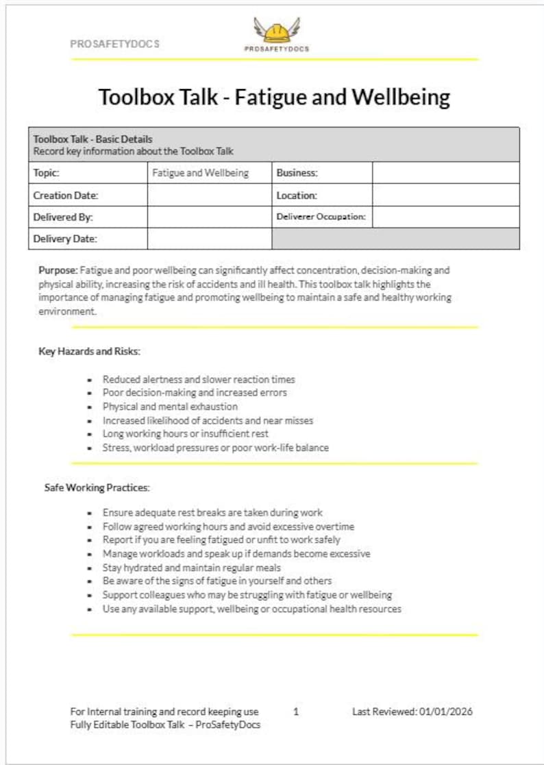 Fatigue and Wellbeing Toolbox Talk – Workplace Health & Safety - Etsy