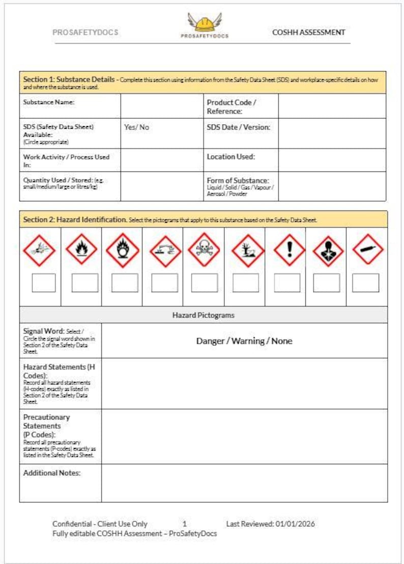 COSHH Assessment Template | Editable Chemical Risk Assessment (instant ...