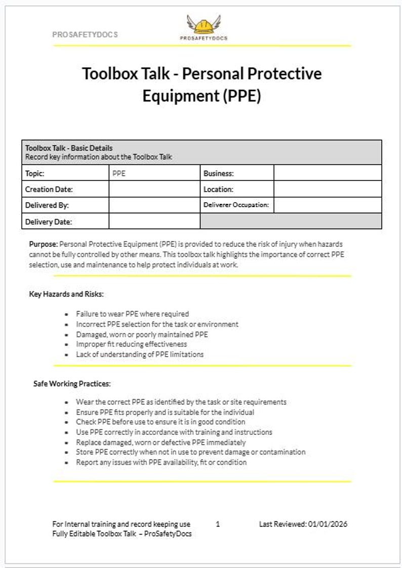 Personal Protective Equipment (PPE) Toolbox Talk – Workplace Health ...