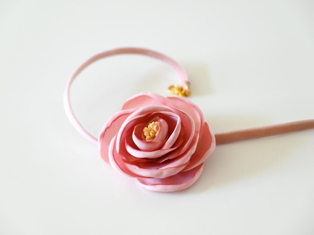 Handmade Pink Rose Choker Necklace: Satin Floral Velvet Ribbon, Wedding ...