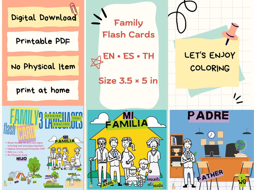 Flash Cards Family – English Spanish Thai – Digital Download ...