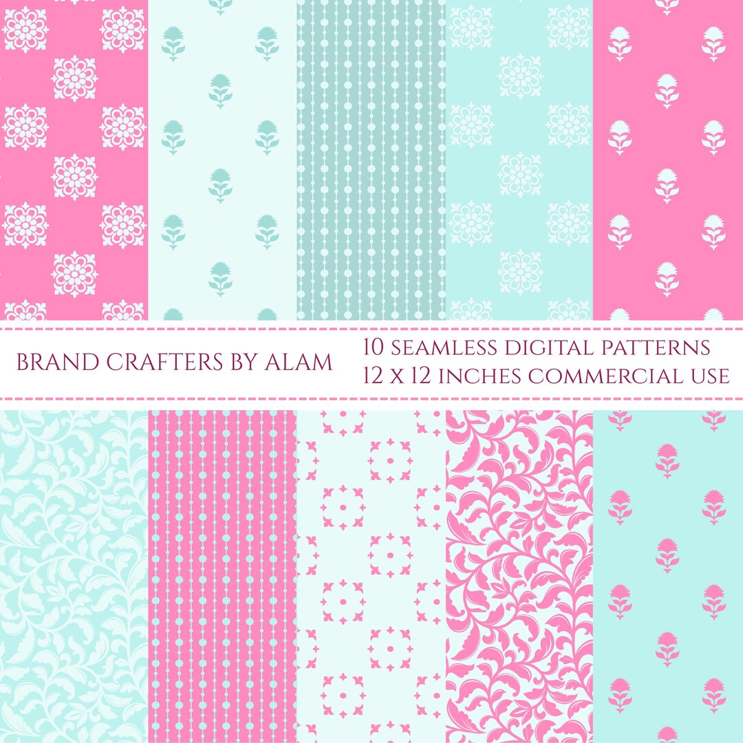 Pink Mint Floral Digital Paper Bundle, Scrapbook Fabric Wallpaper ...