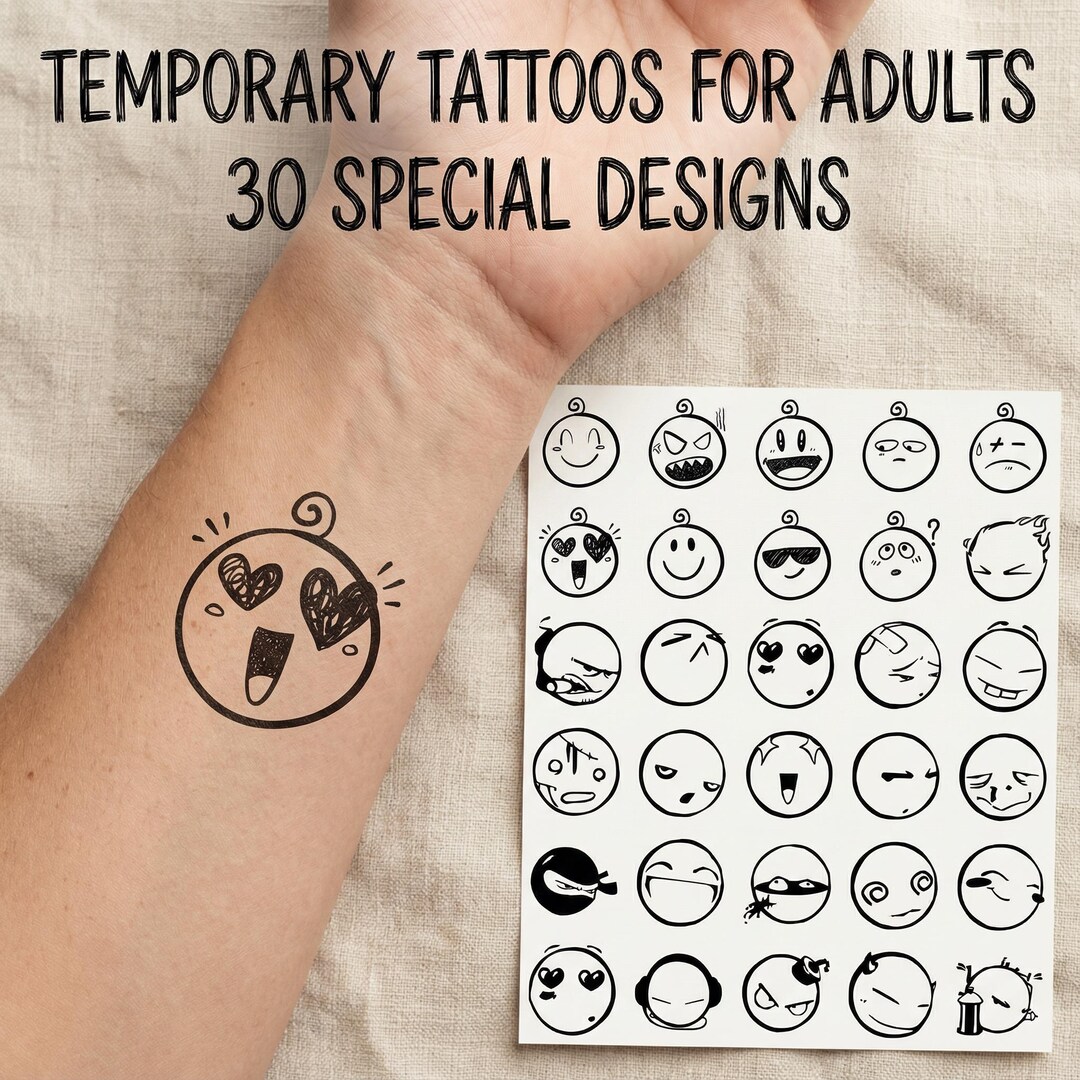 30 Funny Face Temporary Tattoos, Hand Drawn Emoji Doodle Tattoo ...