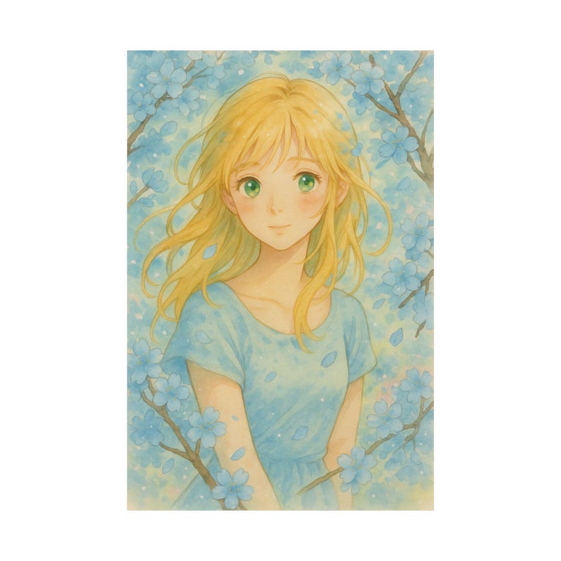 Shojo Girl Art Print: Studio Ghibli Inspired, Watercolor Blossom Poster ...