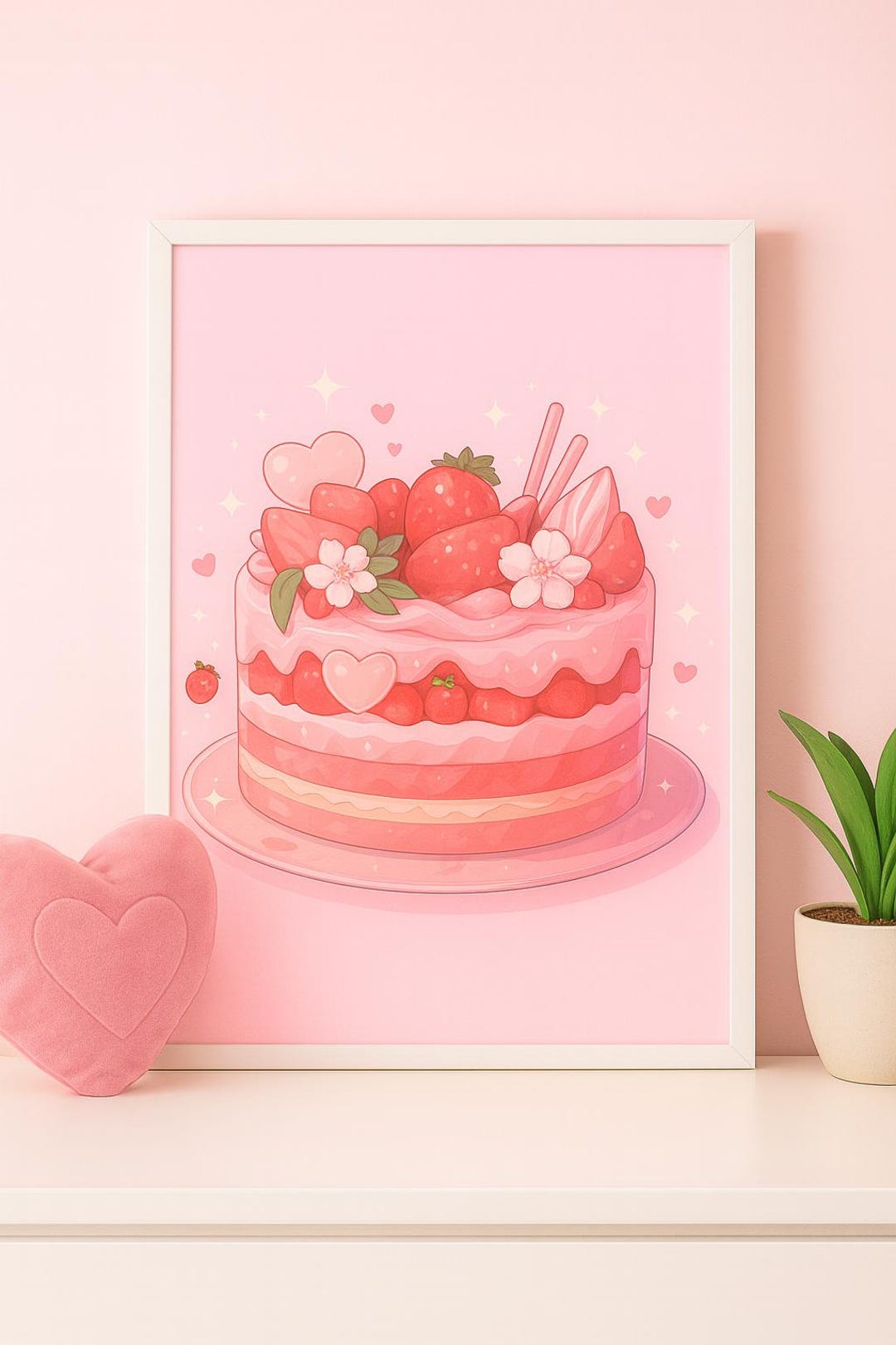 Kawaii Strawberry Cake Art Print | Pastel Anime Kitchen Decor - Etsy