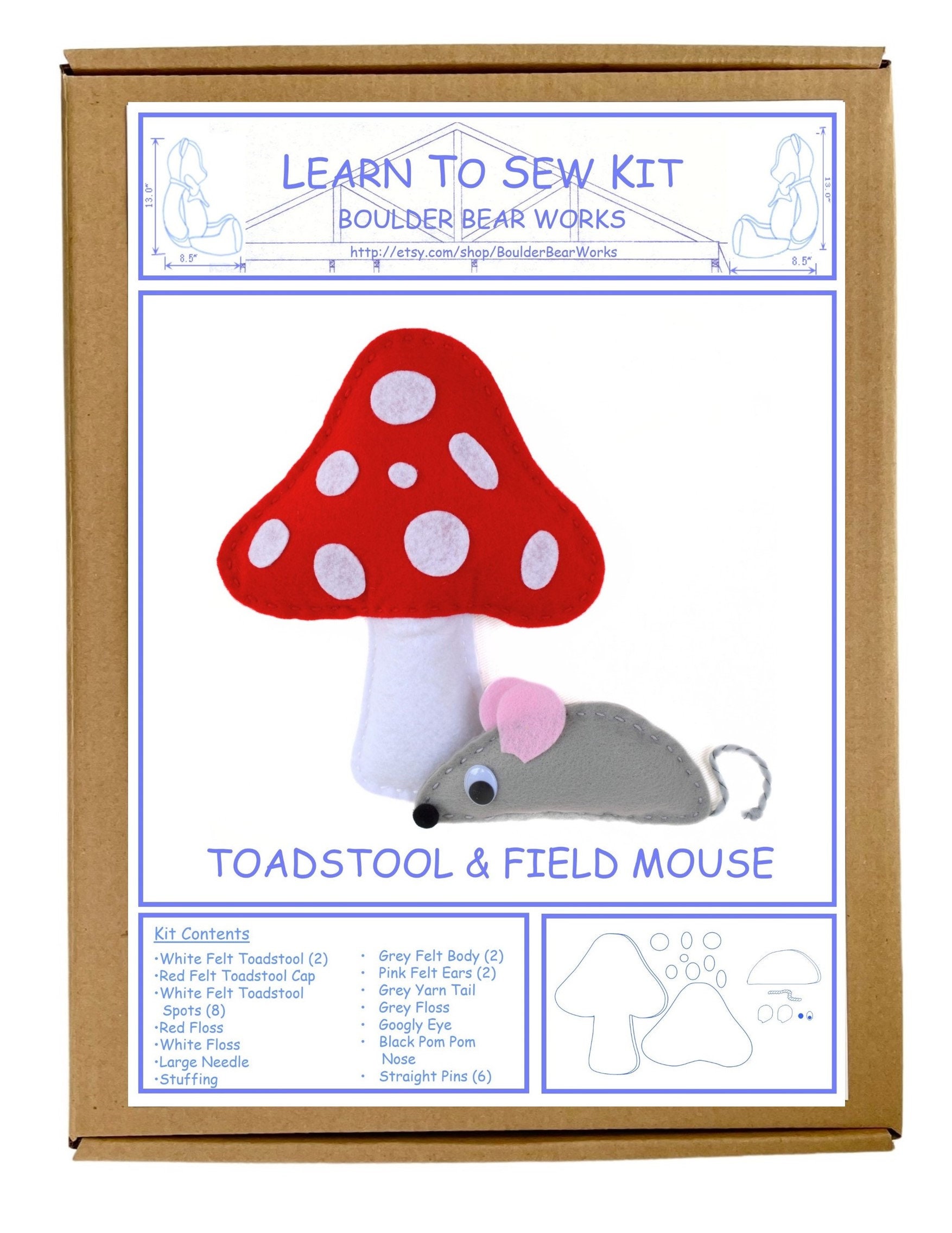 Learn to Sew Kit for Kids Red Spotted Toadstool and Grey Field Mouse - Etsy