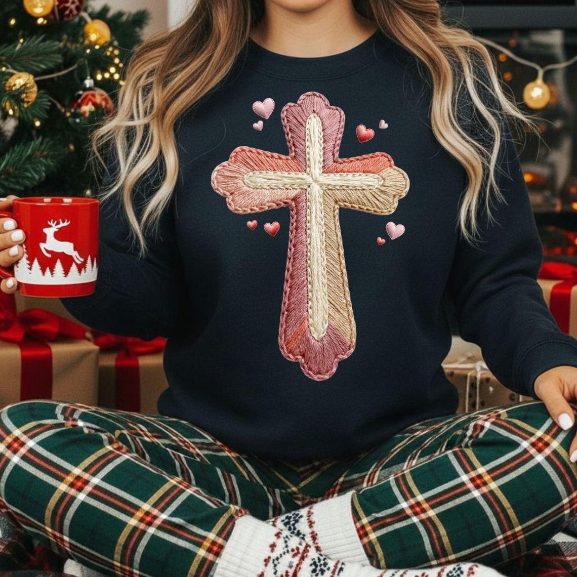 Pink Embroidered Cross PNG With Hearts, Christian Valentine Faith ...