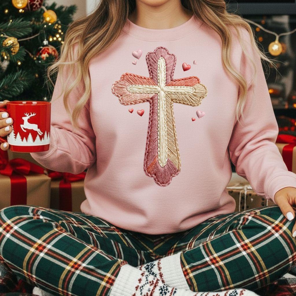 Pink Embroidered Cross PNG With Hearts, Christian Valentine Faith ...