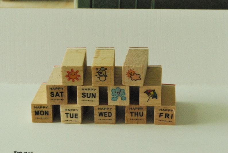 Wooden Rubber Stamp Set - Mini Diary Stamp Set - Week Days and Weather ...