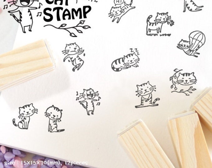 Wooden Rubber Stamp Set DIY Cat Pattern Stamps 12 Pcs | Etsy
