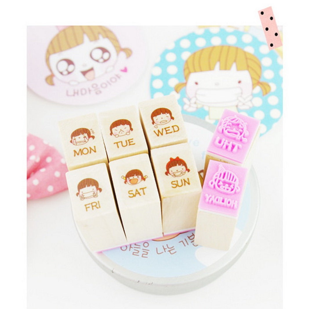 Wooden Rubber Stamp Set - Schedule Week Days - Little Girl's Expression ...