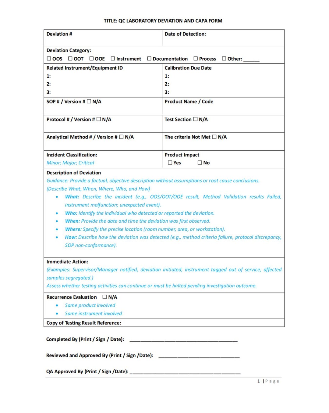 QC Deviation Investigation & Capa Template | Fda GMP Compliant | Phase ...