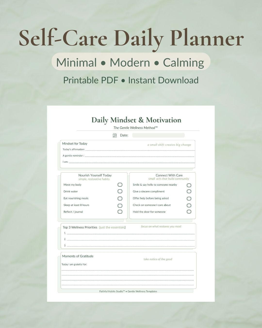 Daily Planner Printable, Simple Self Care Daily Planner PDF, Minimalist ...