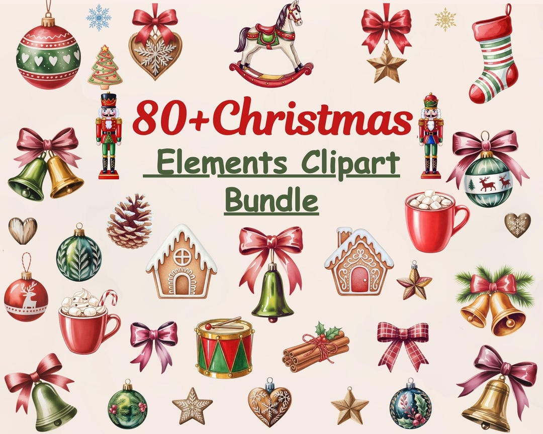 Vintage Rustic Christmas Elements Clipart PNG Bundle, Christmas ...