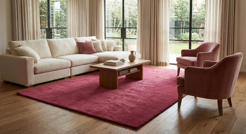 Solid Dark Pink Area Rug - Minimalist Earth Tone Wool Carpet - Modern ...