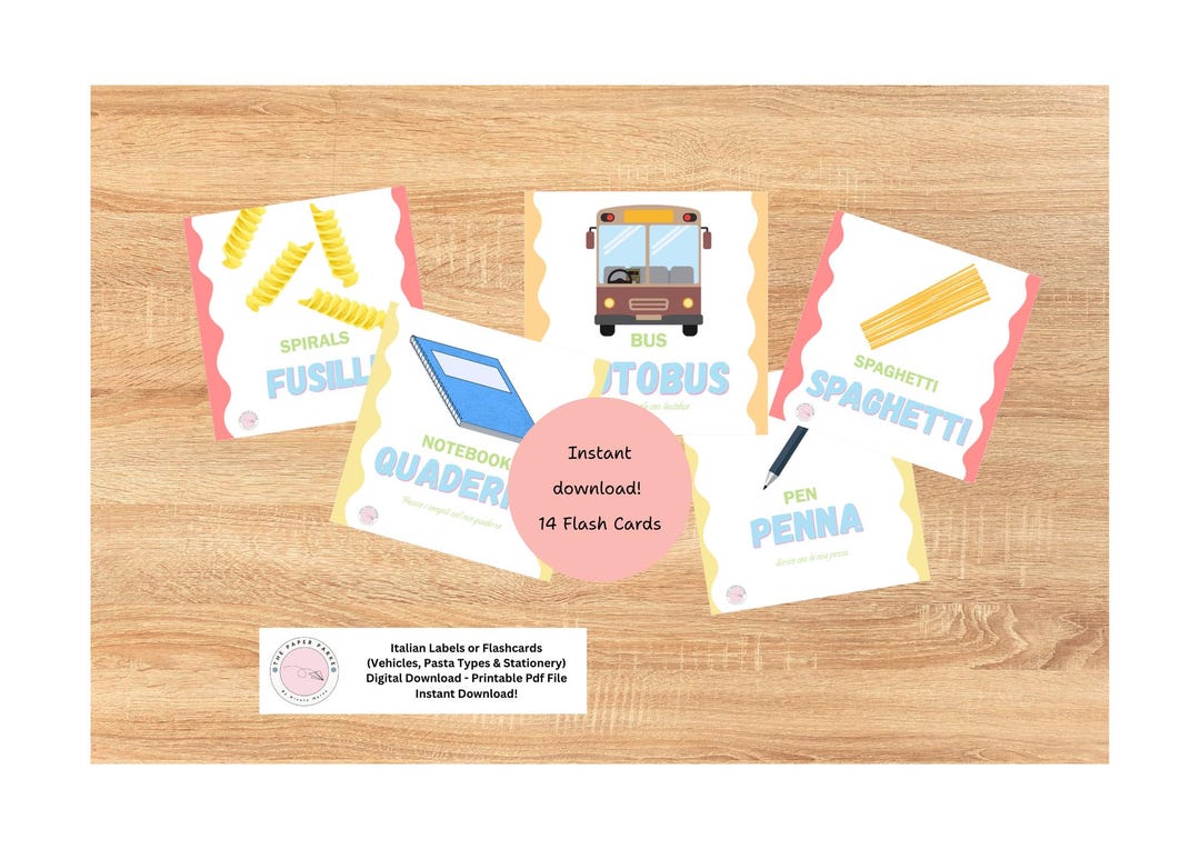 Italian Language Flashcards Printable | Vehicles, Stationery & Pasta ...