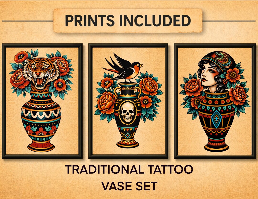 Traditional Tattoo Vase Flash Set - Tiger, Skull, Bird & Lady Head ...
