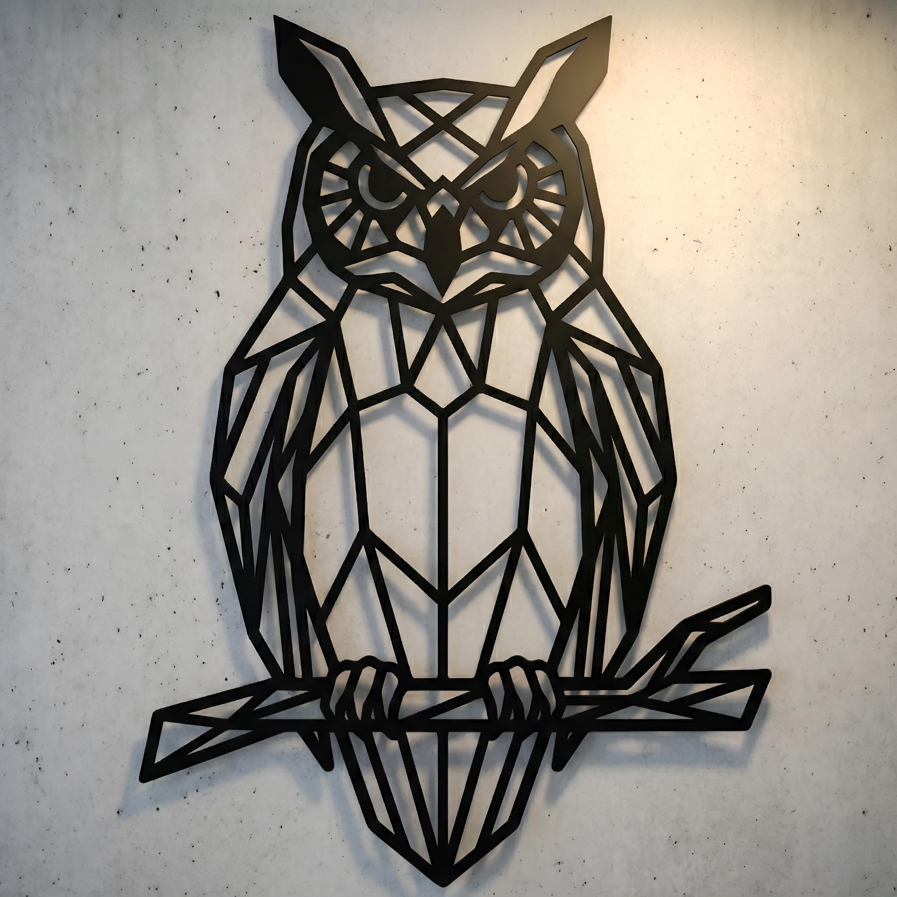 Geometric Great Horned Owl Metal Wall Art | Wise Owl on Branch Sign ...