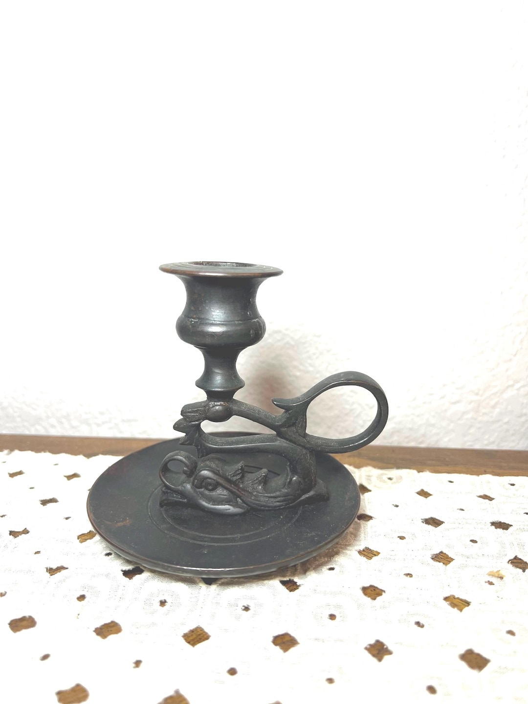 Antique Cast Metal Dragon Chamberstick • Gothic Black Candle Holder ...