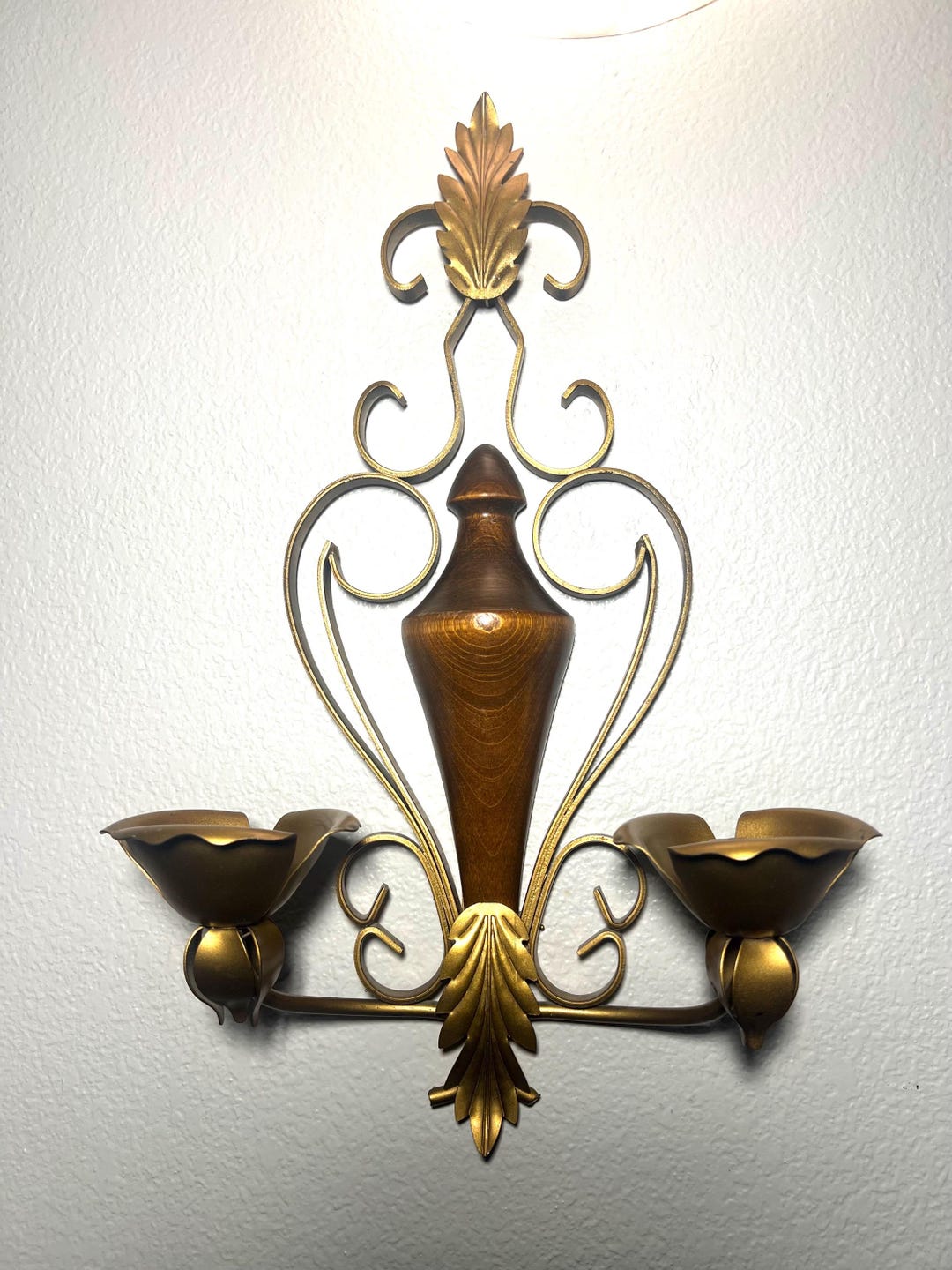 Vintage Gold Metal & Wood Wall Sconce Candle Holder – Hollywood Regency ...