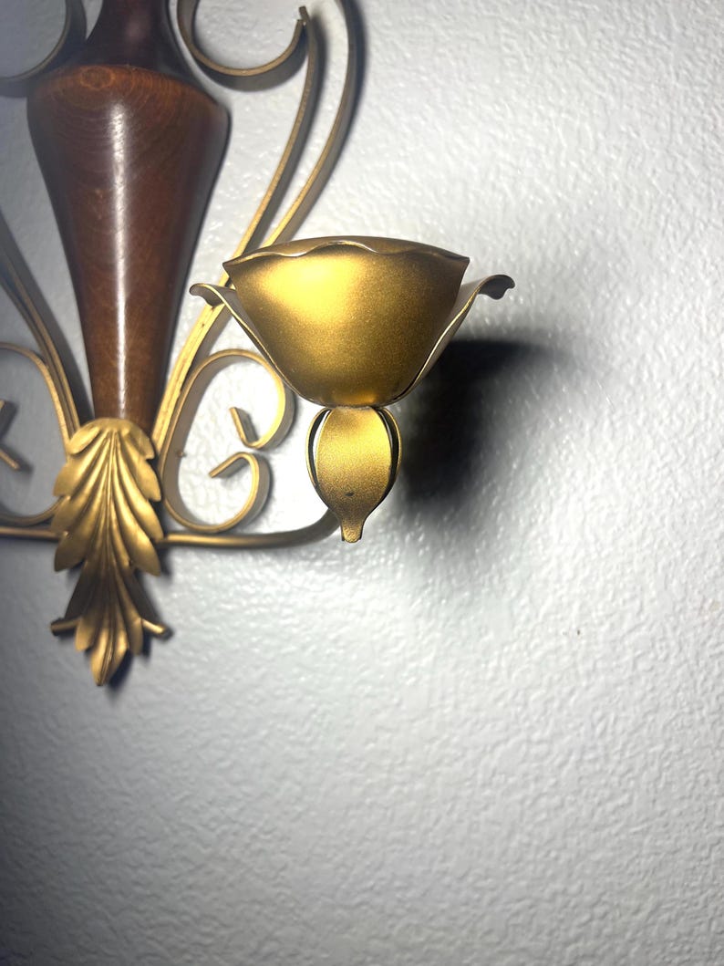 Vintage Gold Metal & Wood Wall Sconce Candle Holder – Hollywood Regency ...
