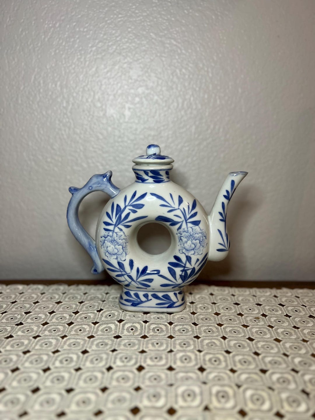 Vintage Blue & White Donut Teapot, Floral Porcelain Decor - Etsy