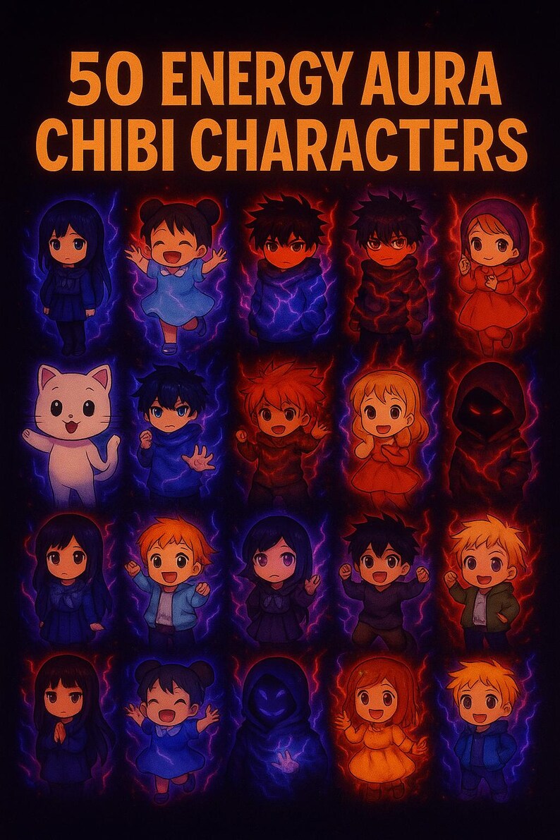 50 Anime Chibi Énergie – Pack Digital | Style JJK | Overlays Éclairs ...
