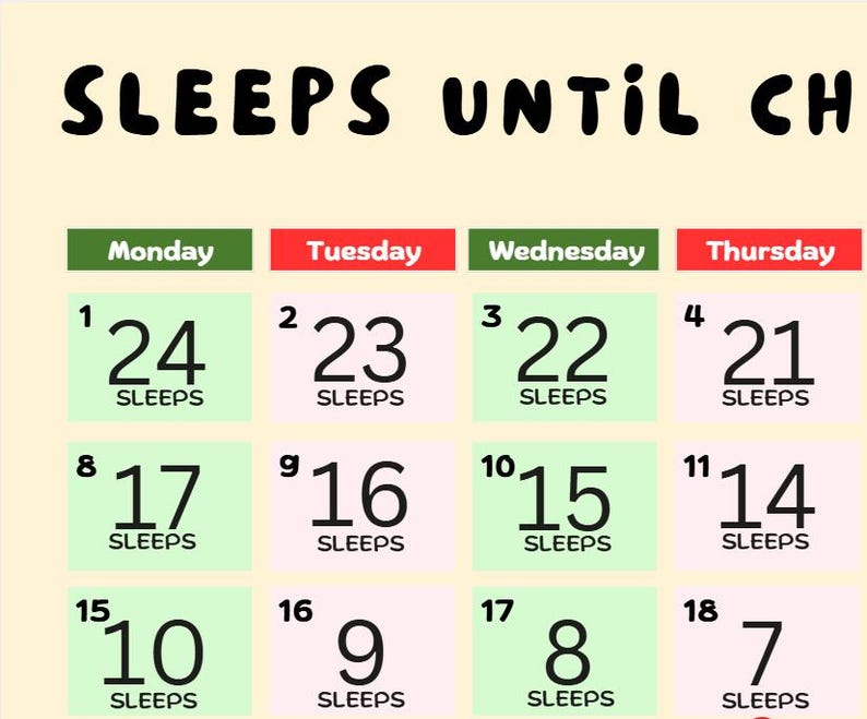 Kids Christmas Countdown Printable - YELLOW - How Many Sleeps Chart ...