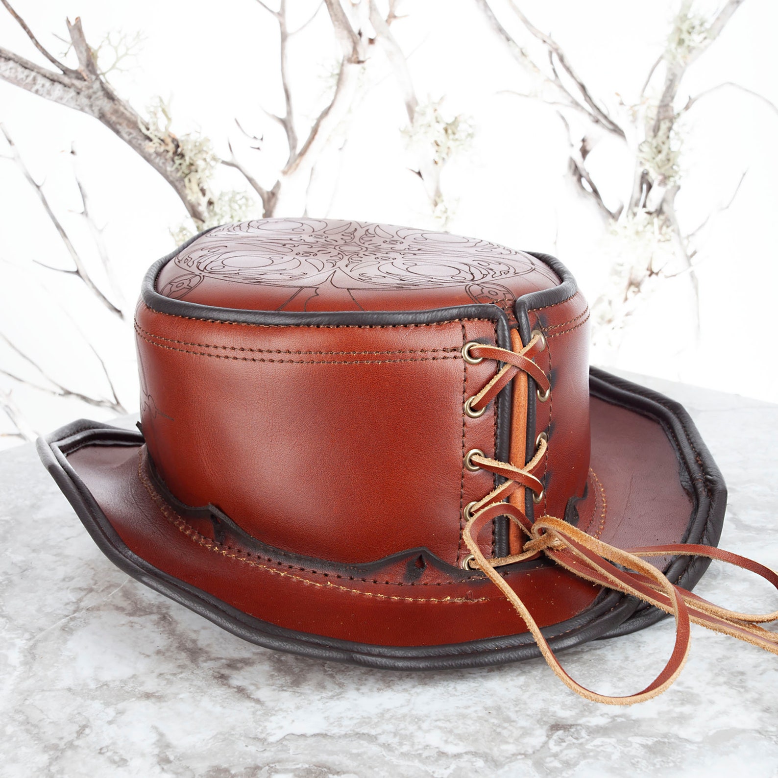 Leather Top Hat Short Top Hat Brown Leather Hat Brass - Etsy