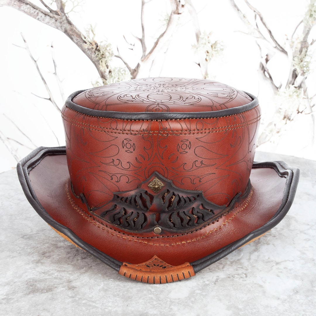 Leather Top Hat, Short Top Hat, Brown Leather Hat, Brass, Adjustable ...
