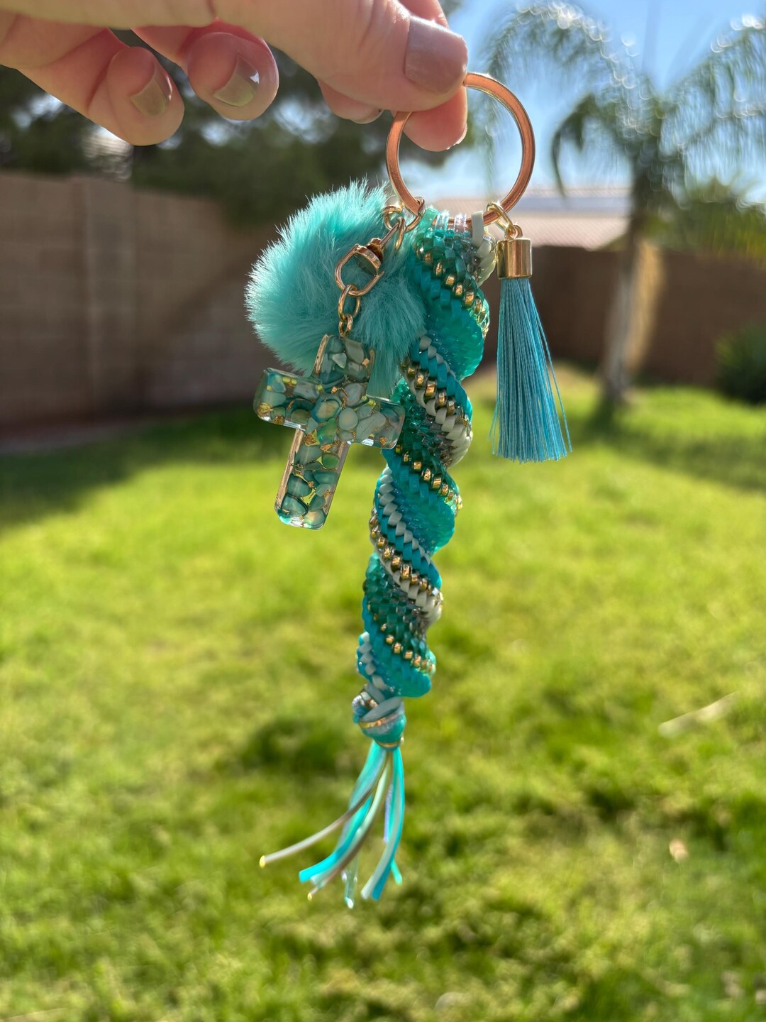 Swirl Keychain With Cross, Tassel and Small Pom Pom - Etsy