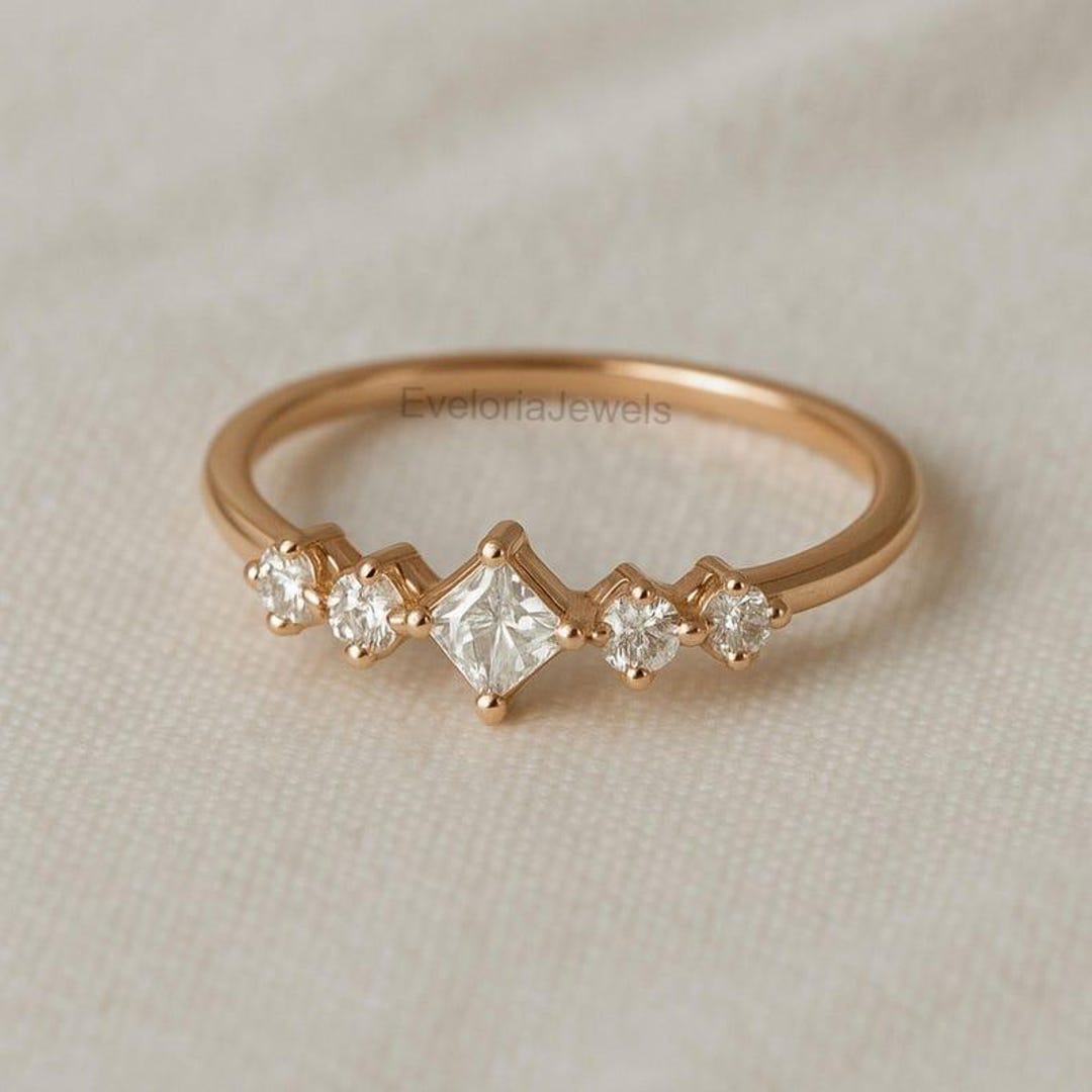 Princess Cut Moissanite Ring, Kite Setting Rose Gold Wedding Band for ...