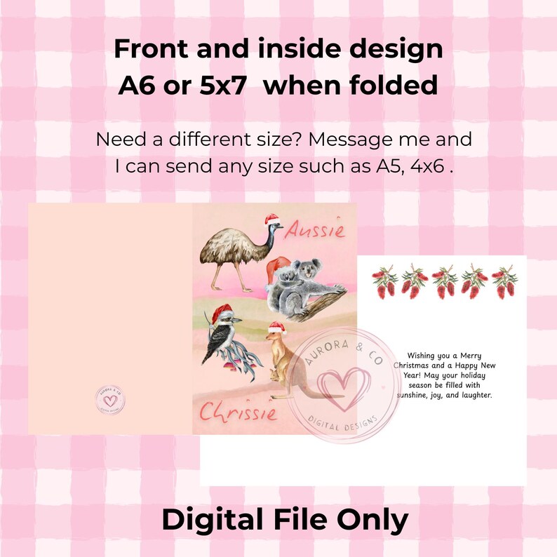 Digital Printable Christmas Card A6 5x7 Aussie Chrissie Watercolour ...