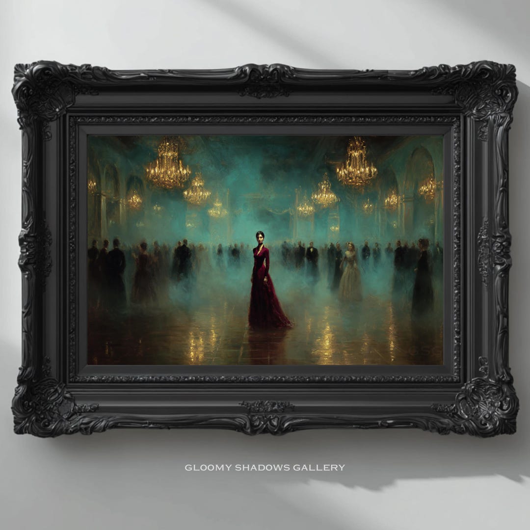 Gothic Ballroom Vampire Print, Dark Victorian Red Dress, Oil Painting ...