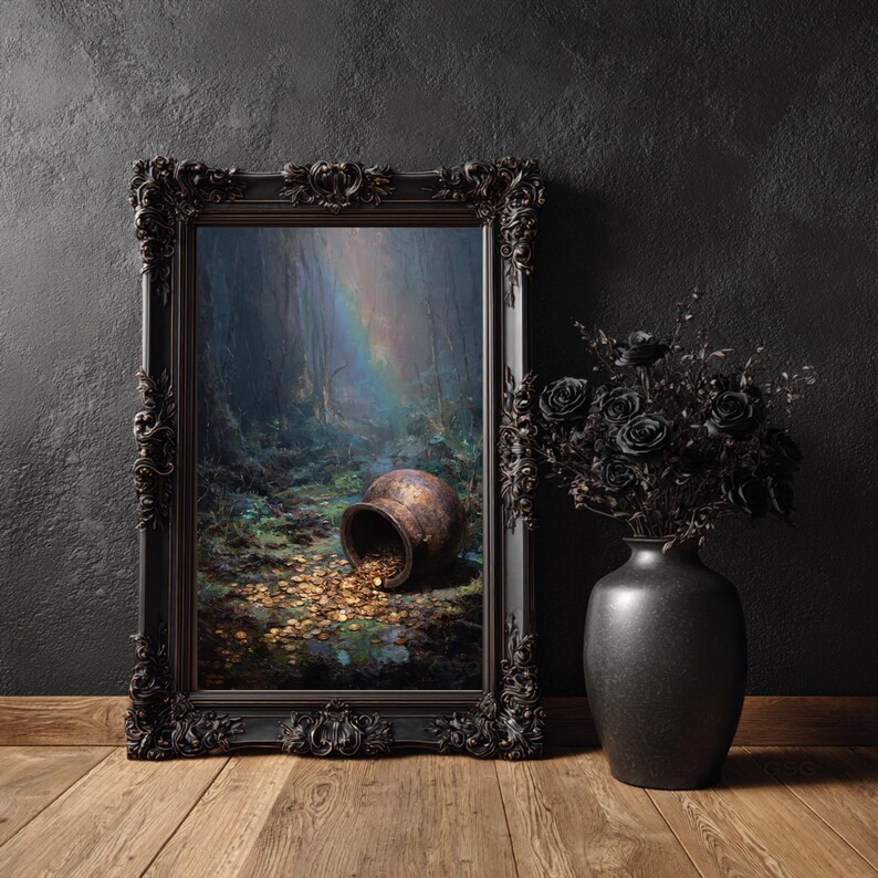 Gothic Irish Pot of Gold, Rainbow Forest Oil Painting, St Patricks Day ...