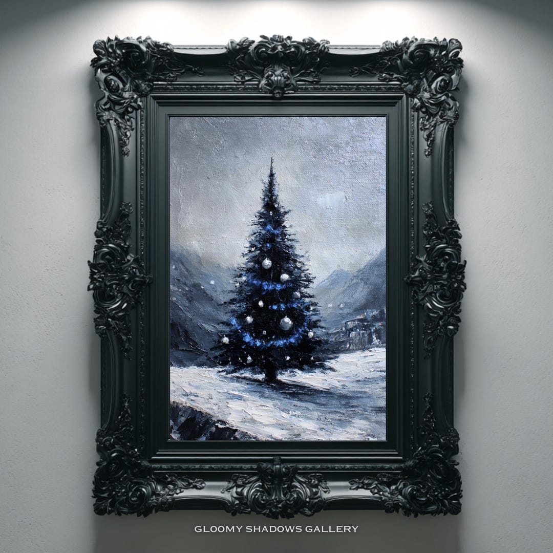 Midnight Frosted Fir Print, Gothic Winter Christmas Tree Oil Painting ...