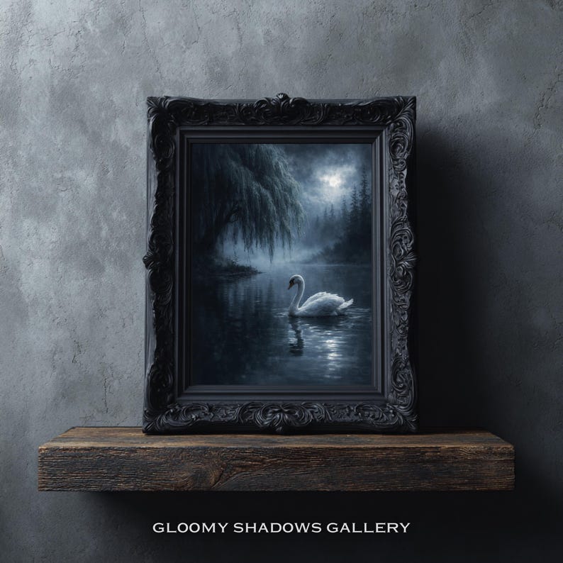 Moonlit Swan Lake Wall Art, Dark Gothic Oil Painting Printable, Weeping ...