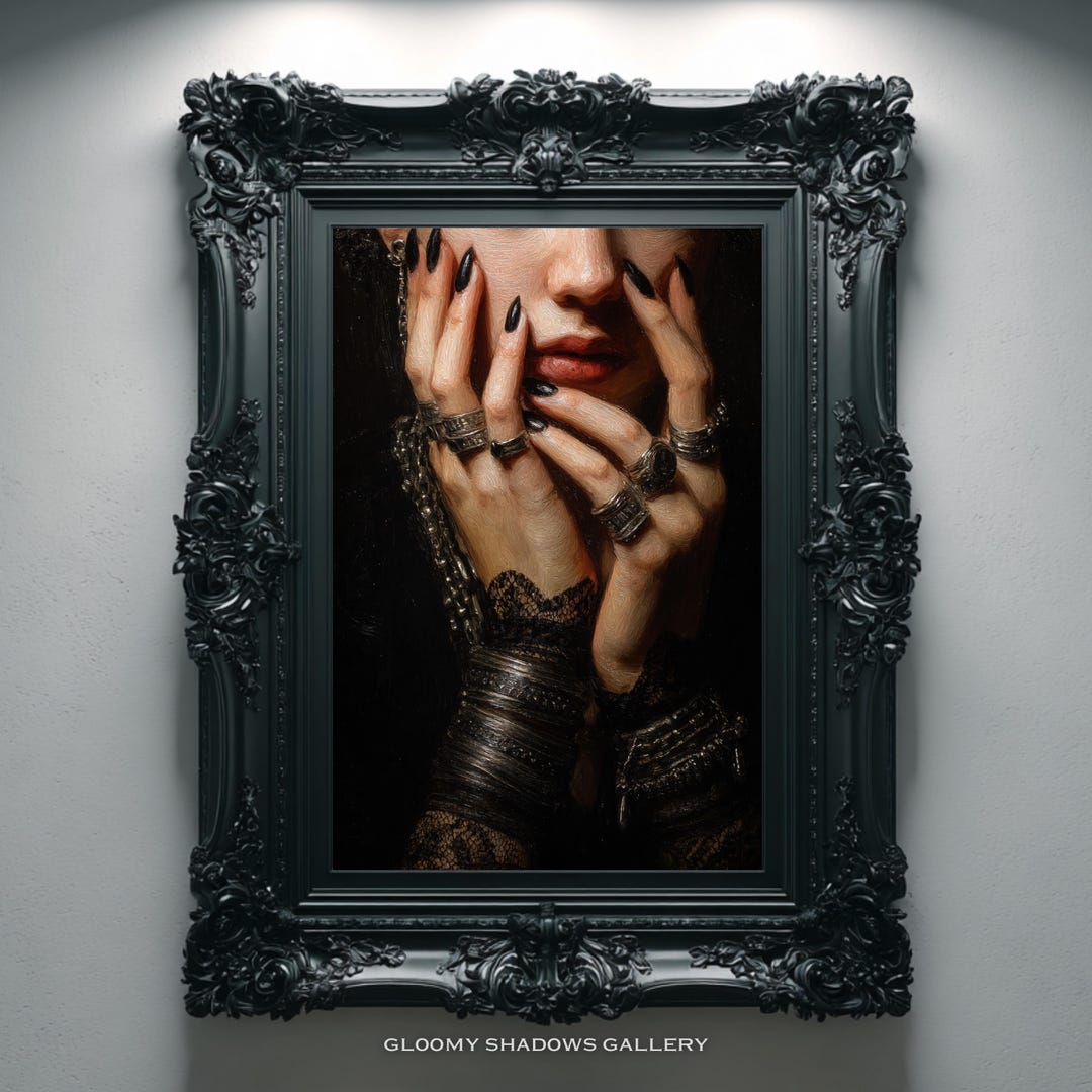 Witchy Gothic Hands Print, Black Nails Closeup, Woman Portrait ...