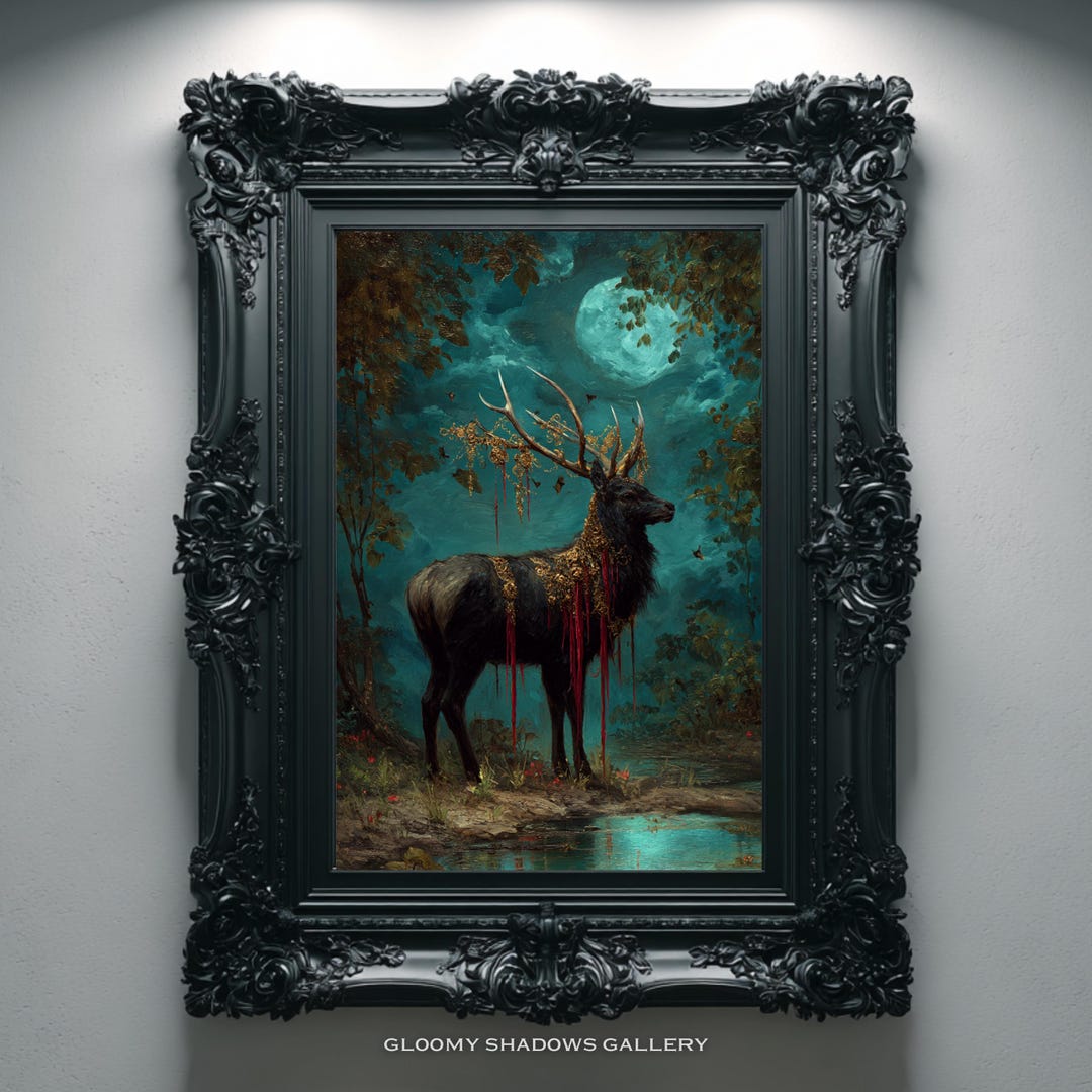 Whimsigoth Stag Wall Art, Moonlit Forest Deer Print, Gilded Antlers ...
