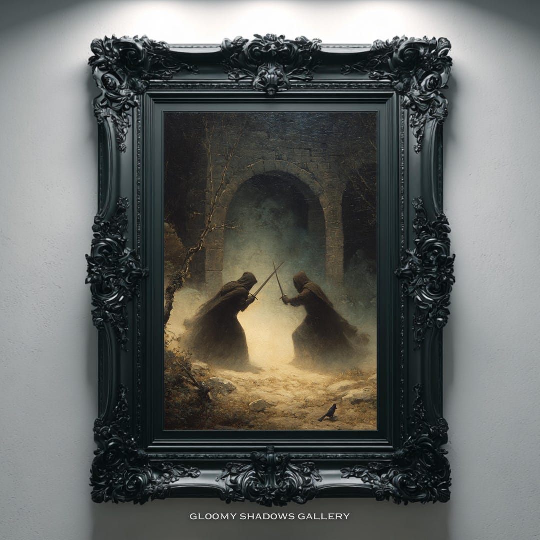 Medieval Sword Fighting Print, Cloaked Figures Scene, Gothic Archway ...